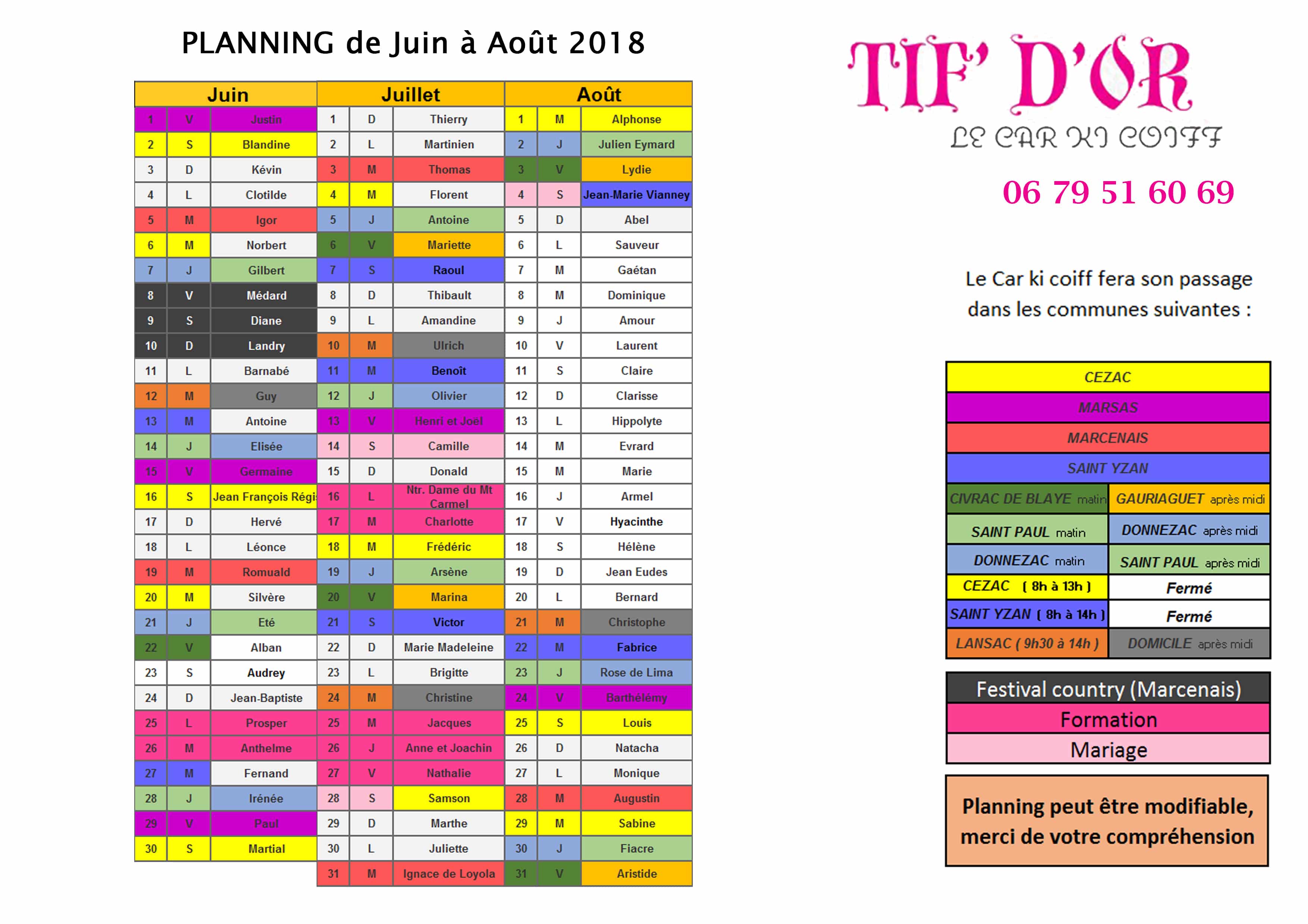 salon de coiffure itinérant -Tif'D'or - calendrier de déplacement