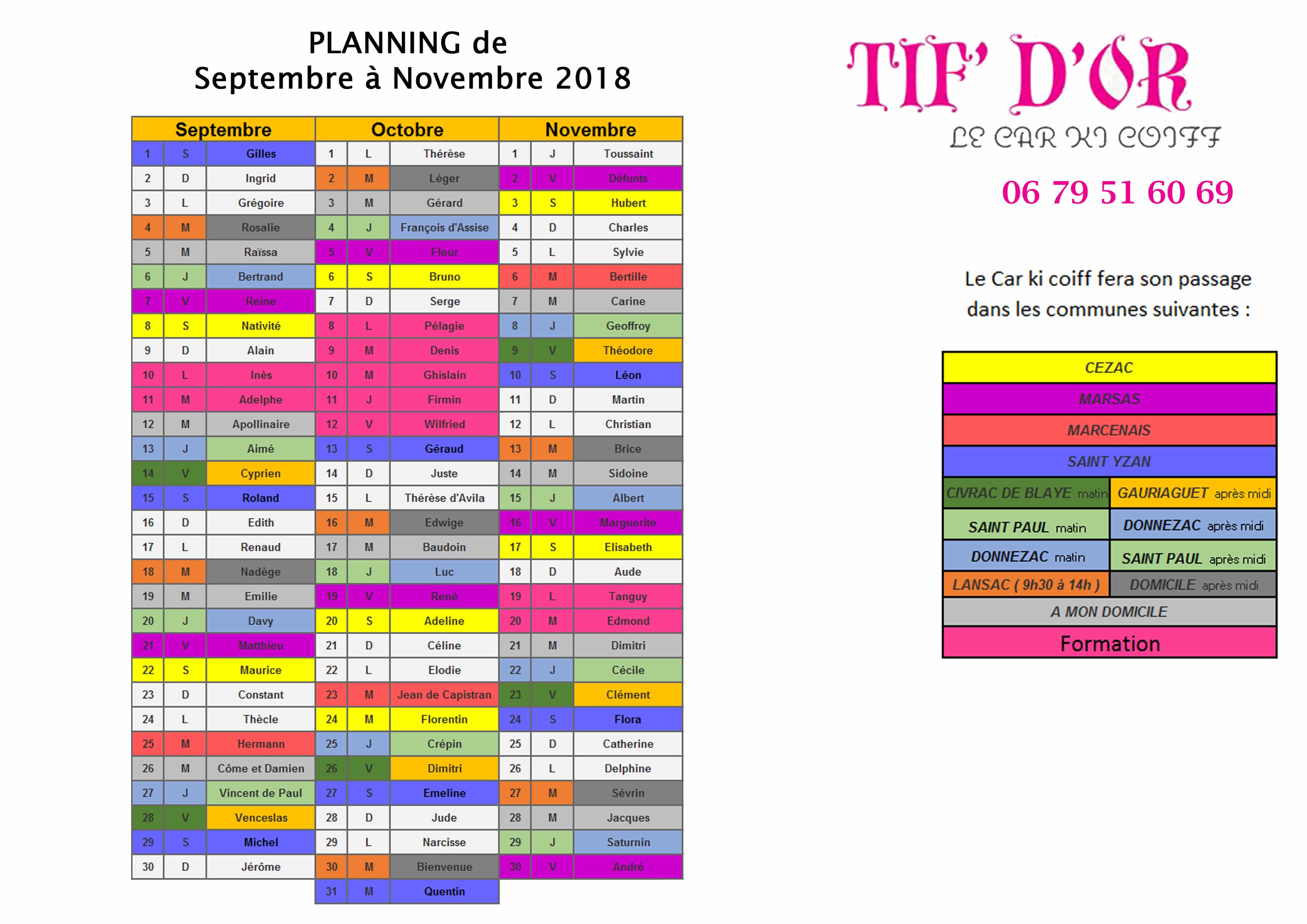 salon de coiffure itinérant -Tif'D'or - calendrier de déplacement