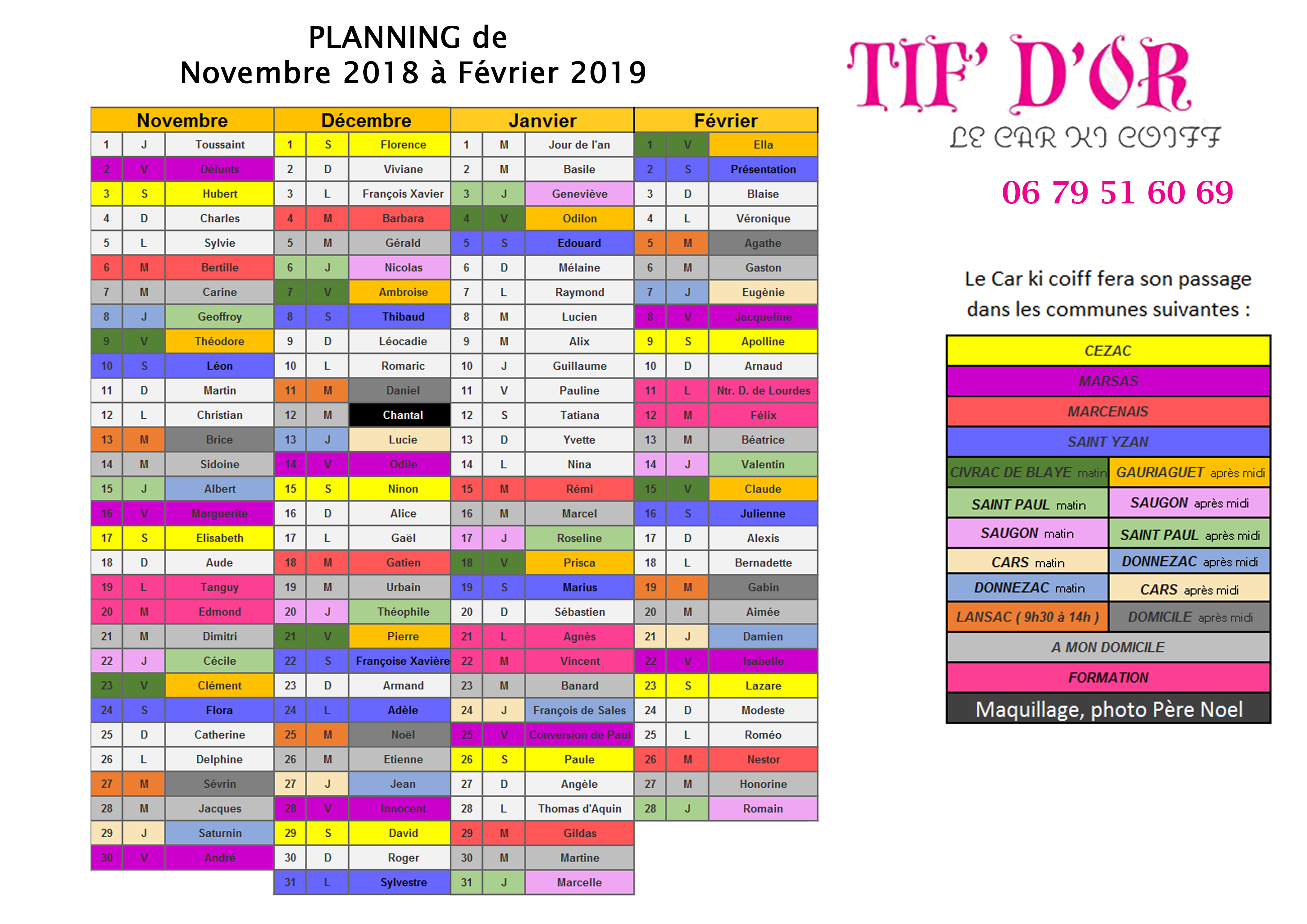 salon de coiffure itinérant -Tif'D'or - calendrier de déplacement