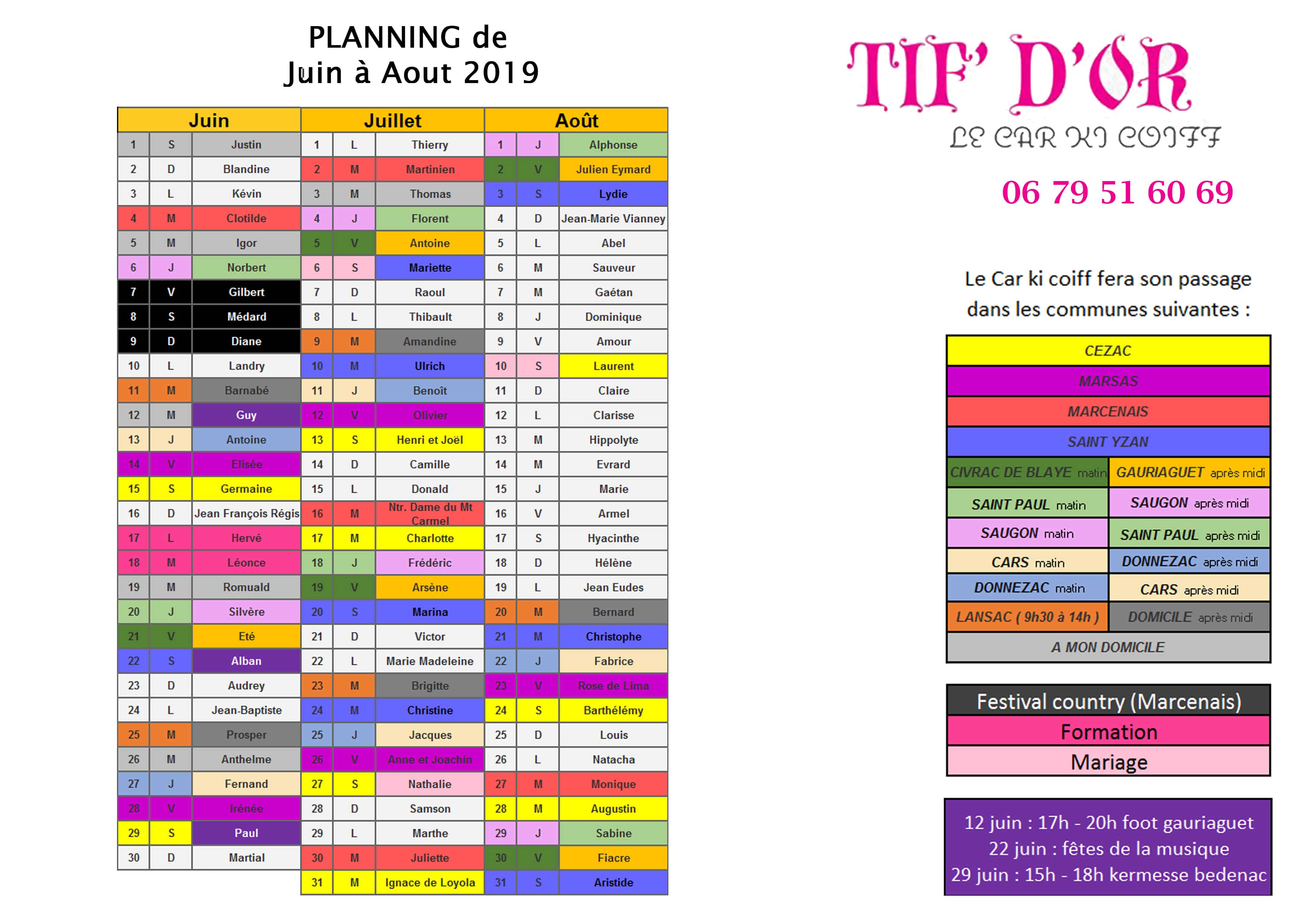salon de coiffure itinérant -Tif'D'or - calendrier de déplacement